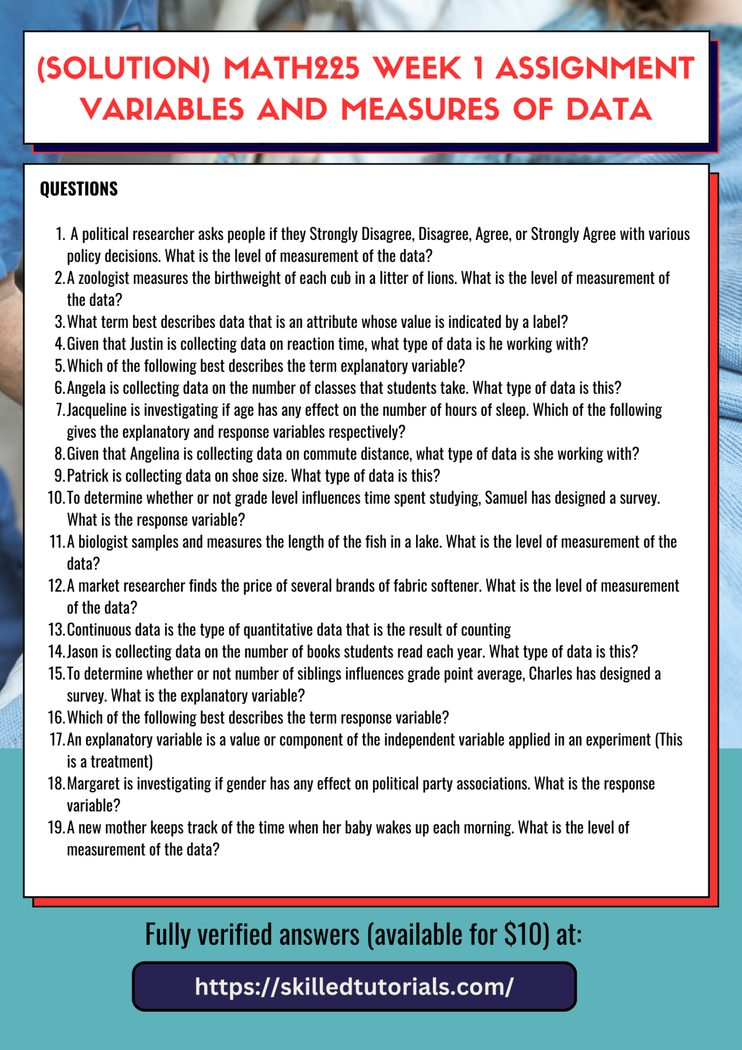 (Solution) MATH225 Week 1 Assignment Variables and Measures of Data ...